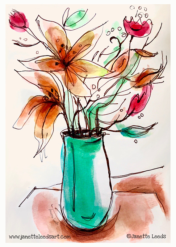 Flowers in Ink pen and Watercolour – Janette Leeds Art